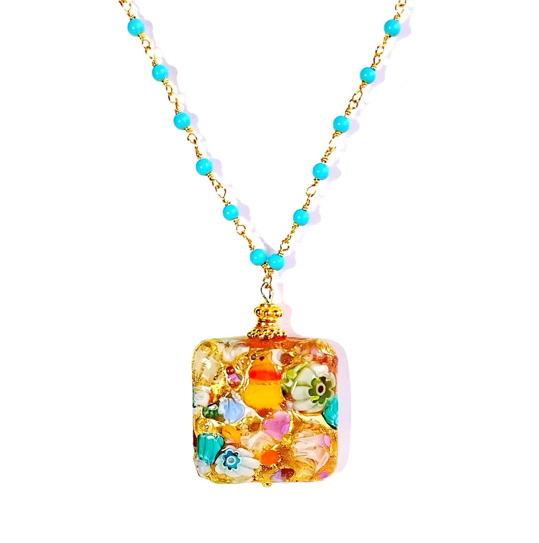 Murano Glass Gold Square Bead Necklace With Millefiore by I - Etsy ...