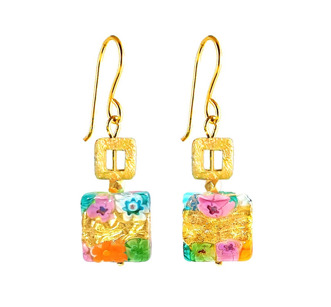 Murano Glass Gold Square Bead Earrings With Millefiore by I Love Murano ...