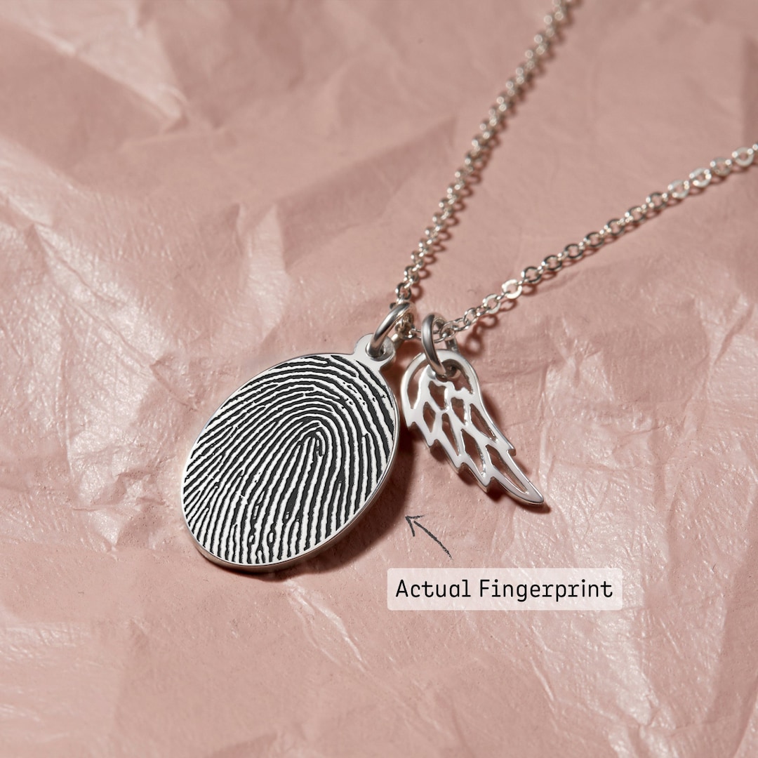 Fingerprint Necklace With Angel Wing Charm, Fingerprint Gift ...