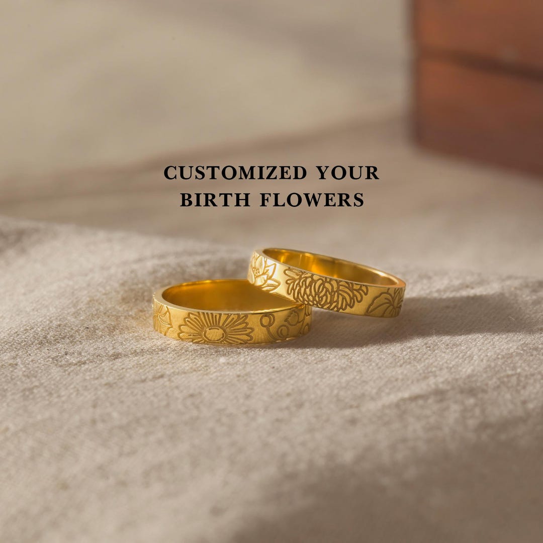 Engraved Birth Flower Ring, Personalized Mother Ring, Mothers Day ...