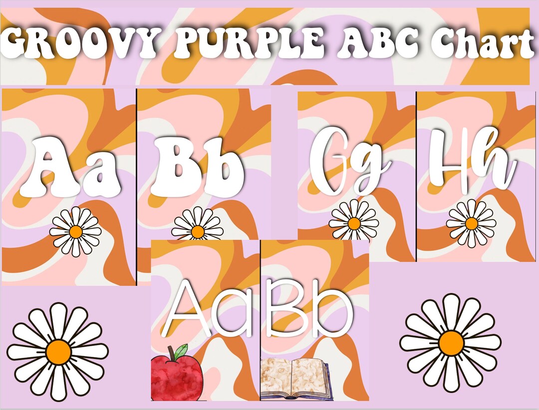 GROOVY HIPPIE Purple Pink Mustard Classroom Decor | ABC Alphabet Chart ...