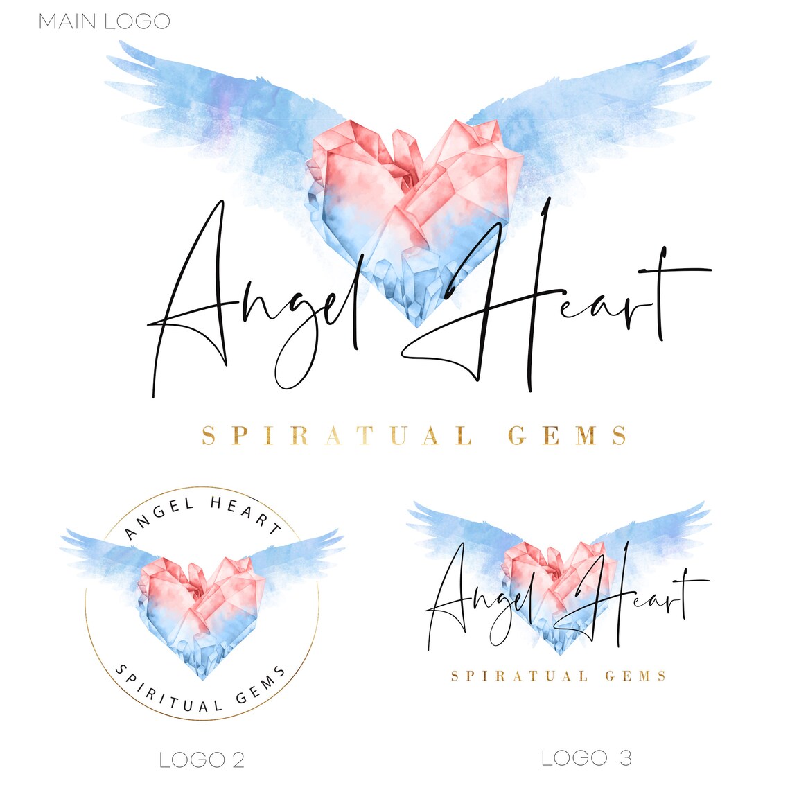 Angel Wings and Heart Logo Watercolor Crystal Heart Spiritual Logo ...