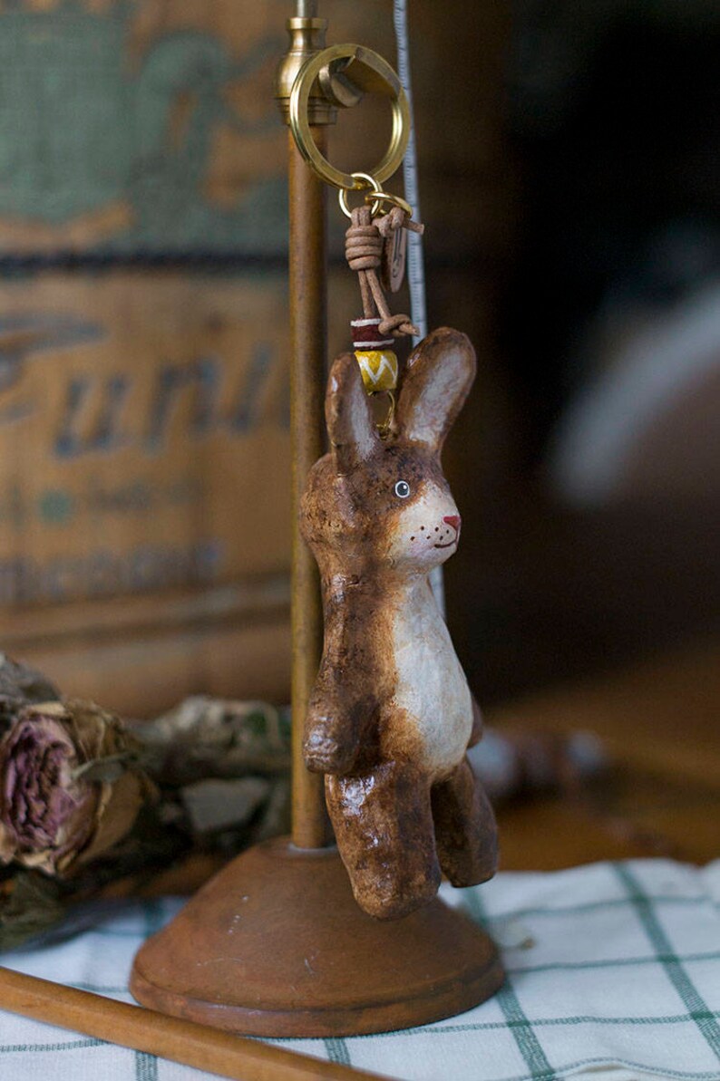 Paper Mache Rabbit Keychain Leather Animal Keyring - Etsy
