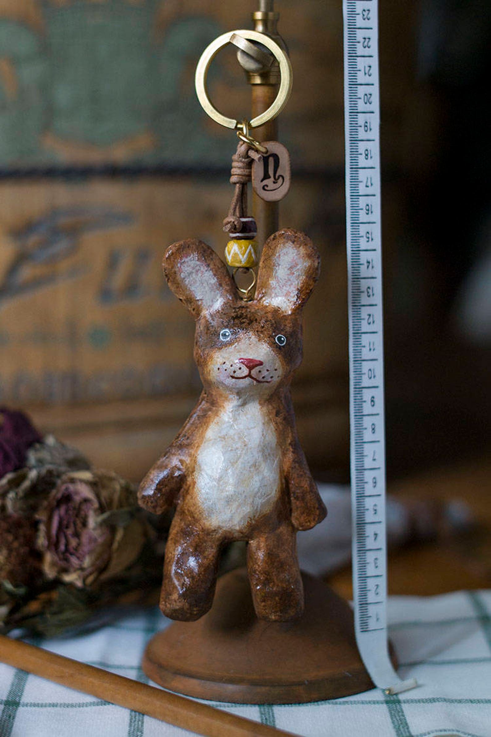 Paper Mache Rabbit Keychain Leather Animal Keyring | Etsy