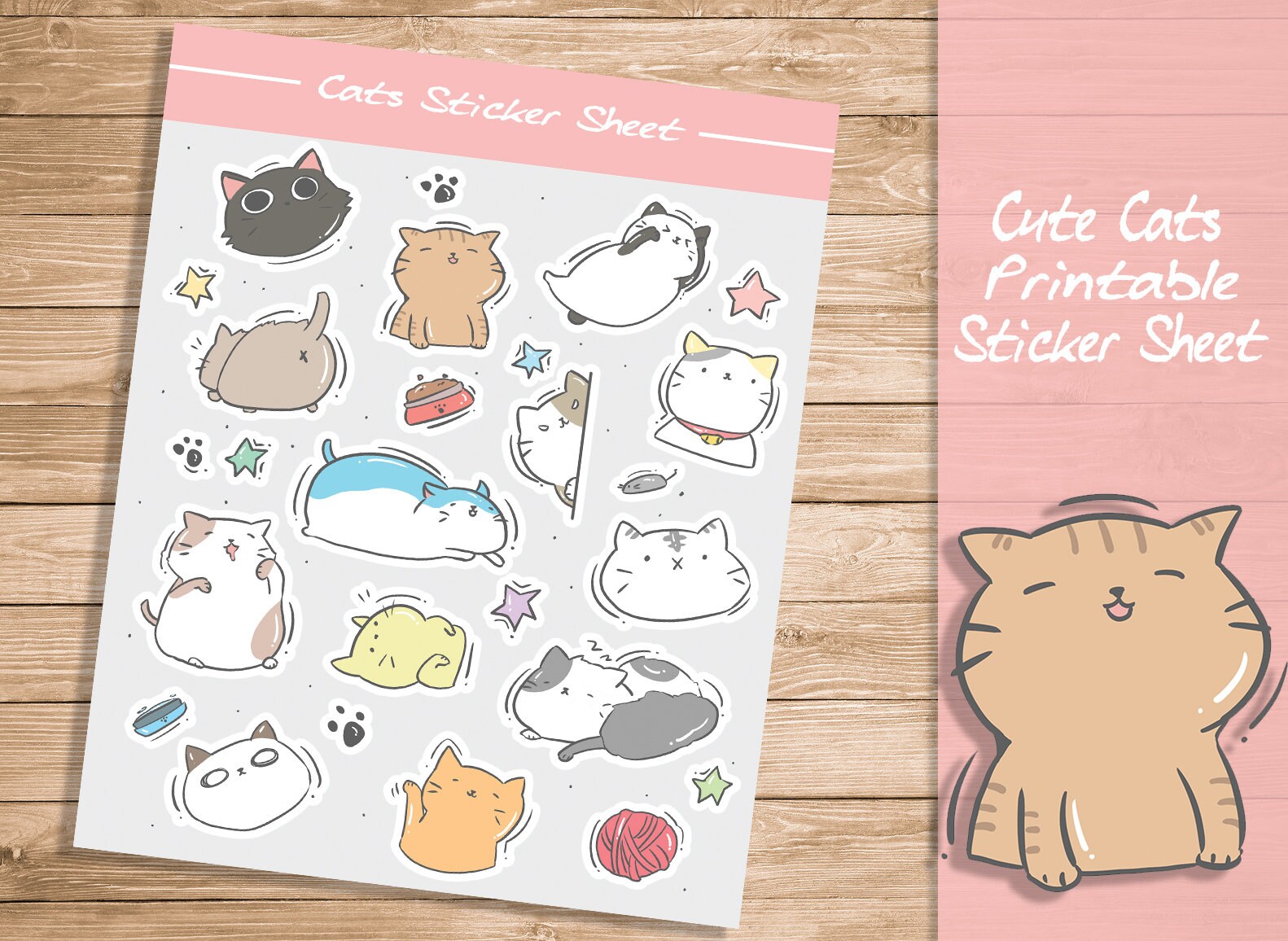 Cute Cat Sticker Sheet Digital Printable Cats Stickers | Etsy