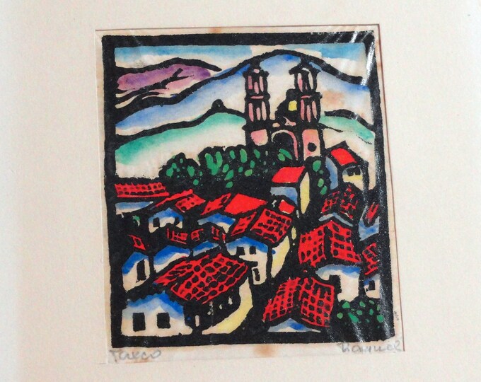 Hand Painted Block Print "taxco" by Raquel, Mexican Folk Art Woodcut ...