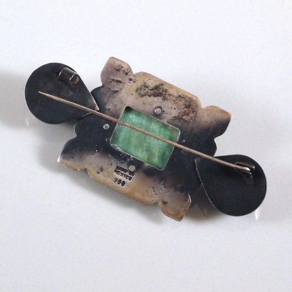 Antique Aztec Revival Carved Mexican Jade & Silver Br… - Gem