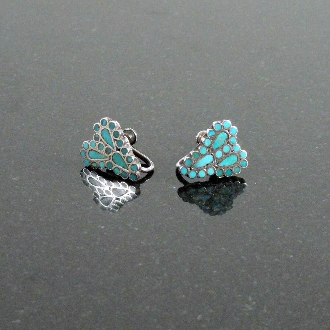 Vintage Old Zuni Dishta Channel Work Turquoise Earrings C1950s Screw ...