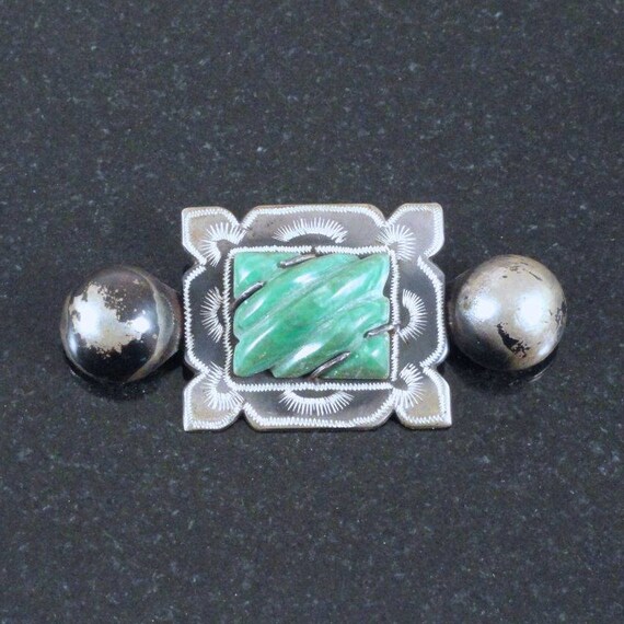 Antique Aztec Revival Carved Mexican Jade & Silver Br… - Gem