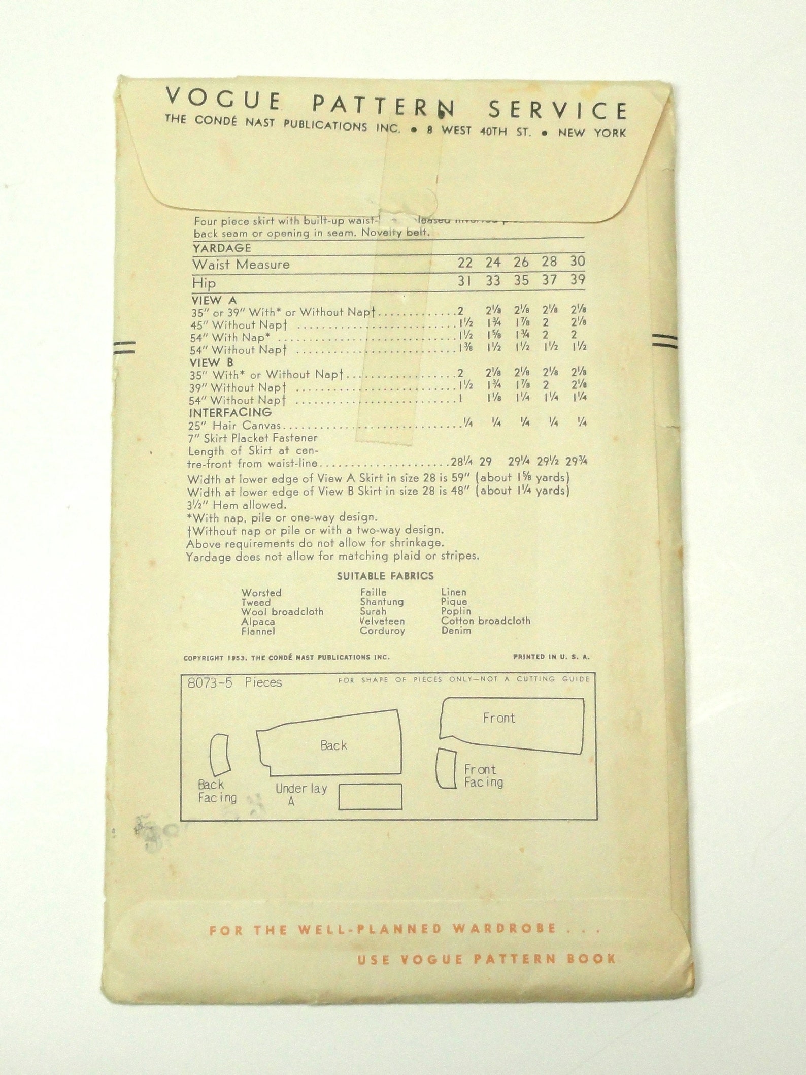 Vintage 1950s Vogue 8073 High-waisted Pencil Slim Skirt Waist 26" Hip ...