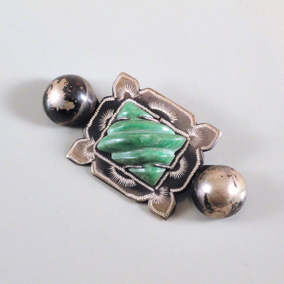 Antique Aztec Revival Carved Mexican Jade & Silver Br… - Gem