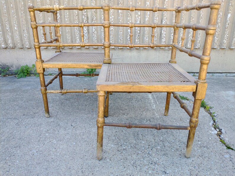 Early to Mid Century Bamboo & Cane Tete A Tete Bench/kissing Seat ...