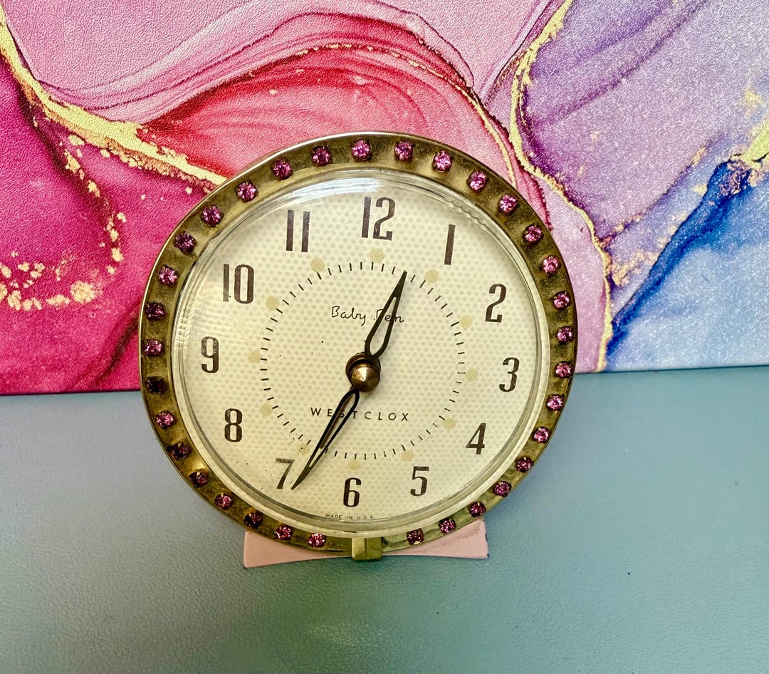 Vintage Westclox Baby Ben Clock Hers Pink Rhinestone Gold Tone Wind up ...