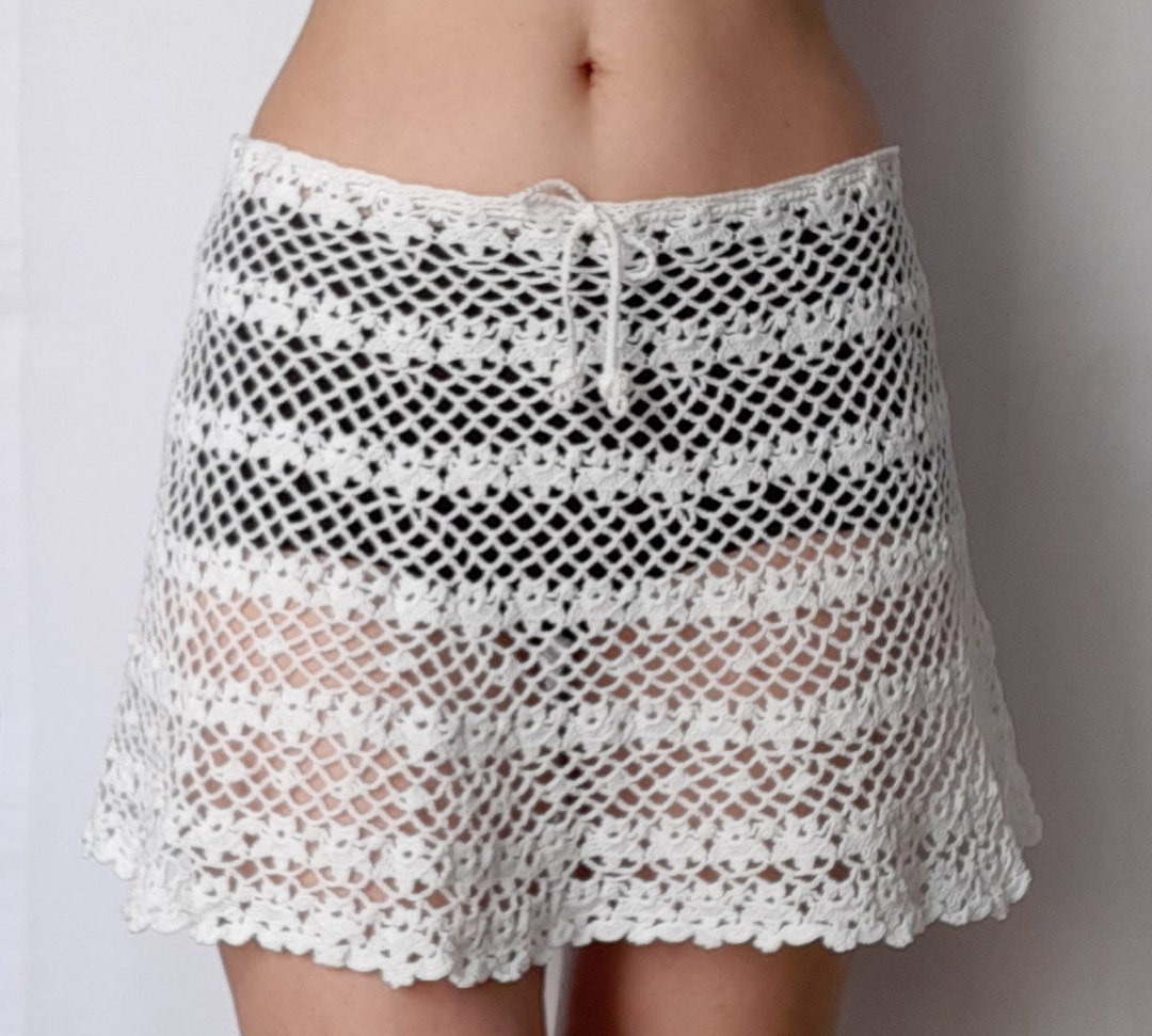 White Mini Skirt, Lace Beach Skirt, Crochet Bikini Cover Up, 12'' White ...