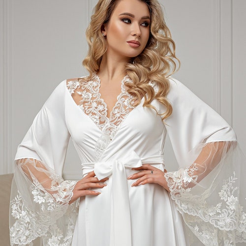 Bridal Robe Long Lace Maxi Robe Kimono Robe With Train | Etsy