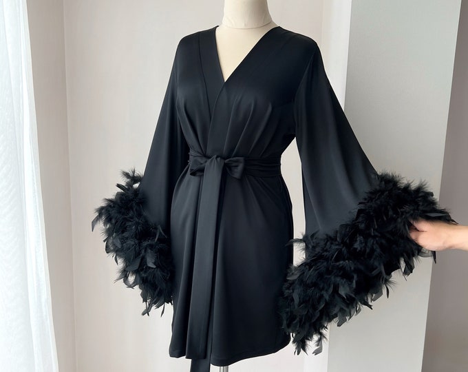 Black Feather Robe, Feather Bridal Robe, Feather Robe Bridesmaid ...