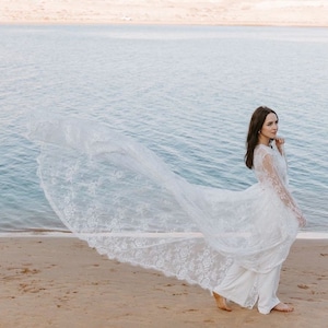 Bridal Robe With Train, Lace Robe Long, Wedding Robe Train, Lace Bridal ...