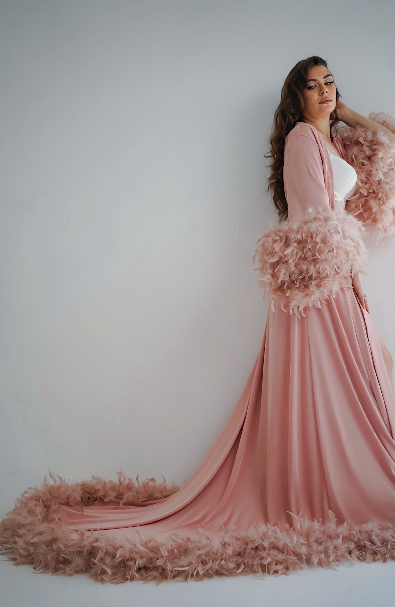 Feather Robe Long, Bridal Robe With Train, Boudoir Robe, Robe With ...