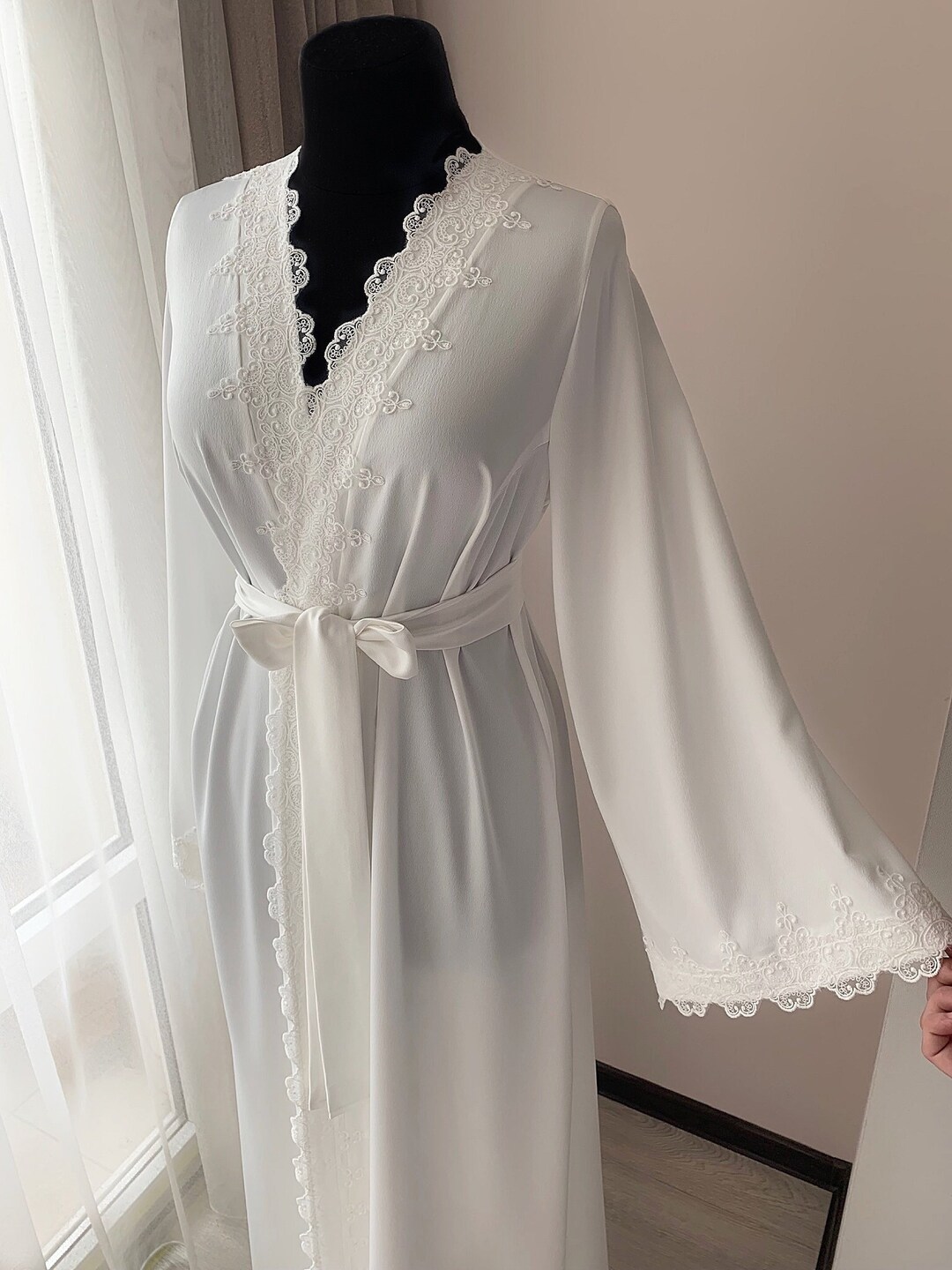 Long Bridal Robe With Lace, Ivory Robe, Morning Lingerie, Maternity ...