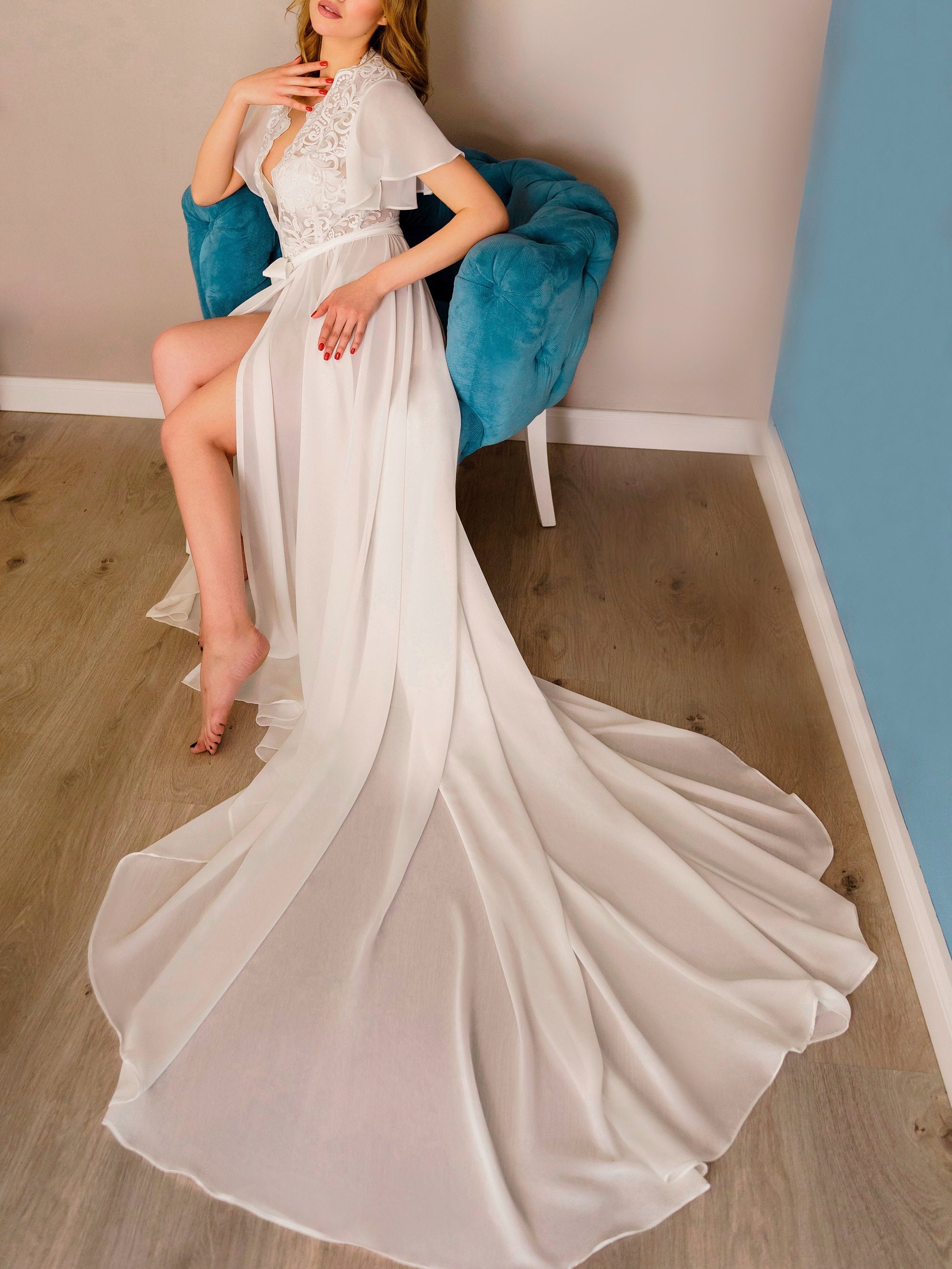 Lace Bridal Robe With Train, Sheer Ivory Chiffon Gown, Boudoir Dressing ...