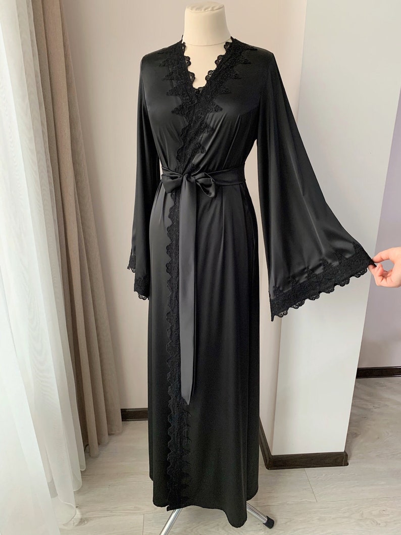 Long Robe Lace Maxi Bridal Robe Black Wedding Kimono Floor - Etsy
