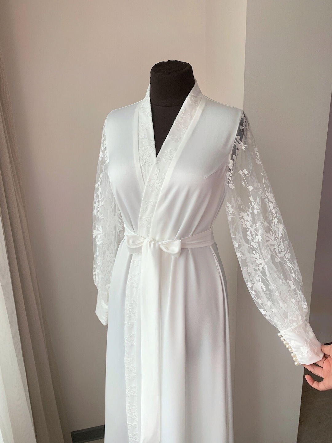 Bridal Robe With Lace, Bride Robe Long, Lace Pearl Beaded, Boudoir Robe ...