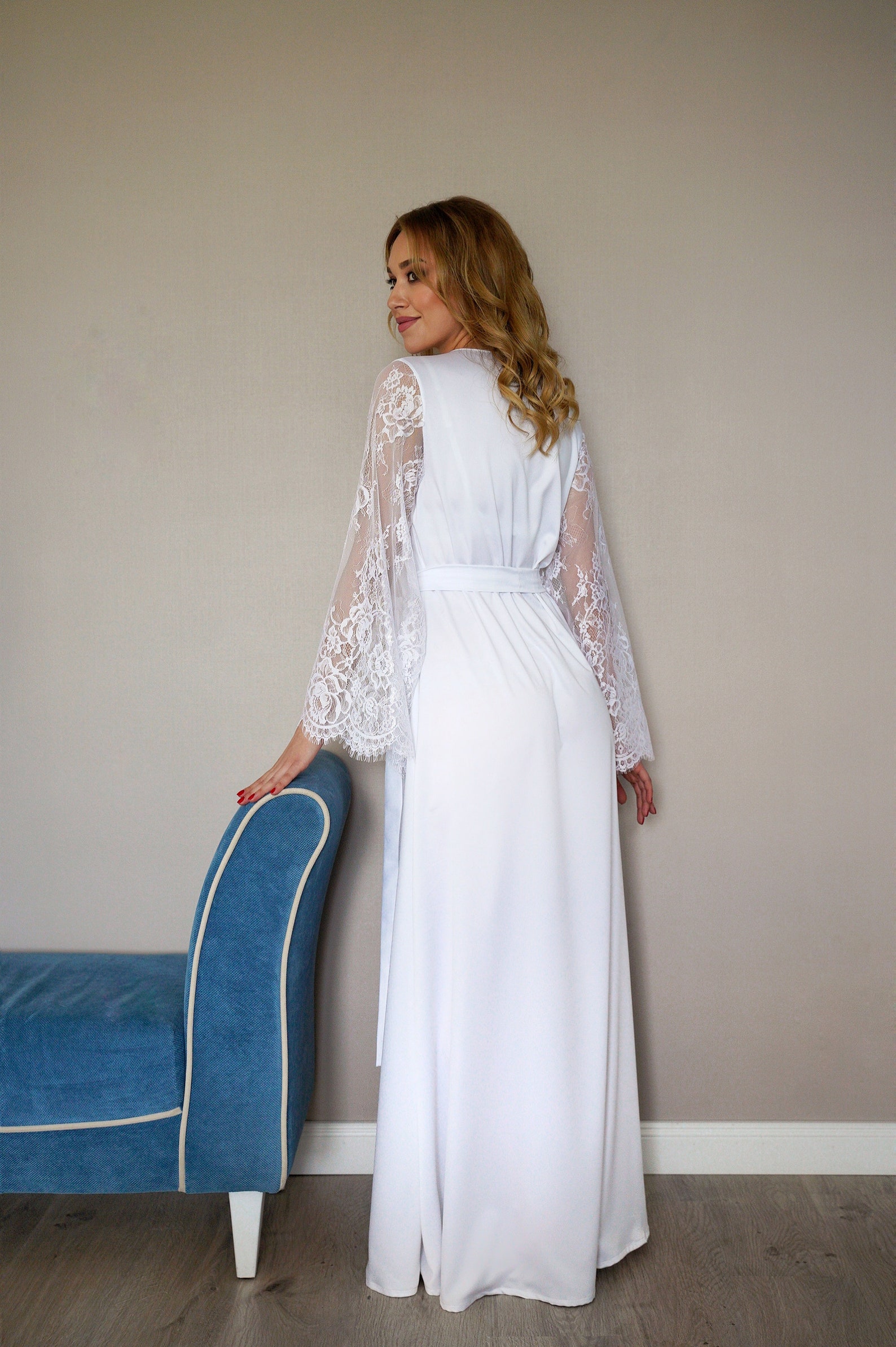 Long Bridal Robe With Lace White Wedding Kimono Lace - Etsy