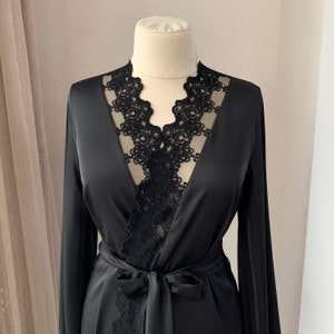 Wedding Robe, Black Lace Robe, Satin Dressing Gown, Black Bridal Robe ...