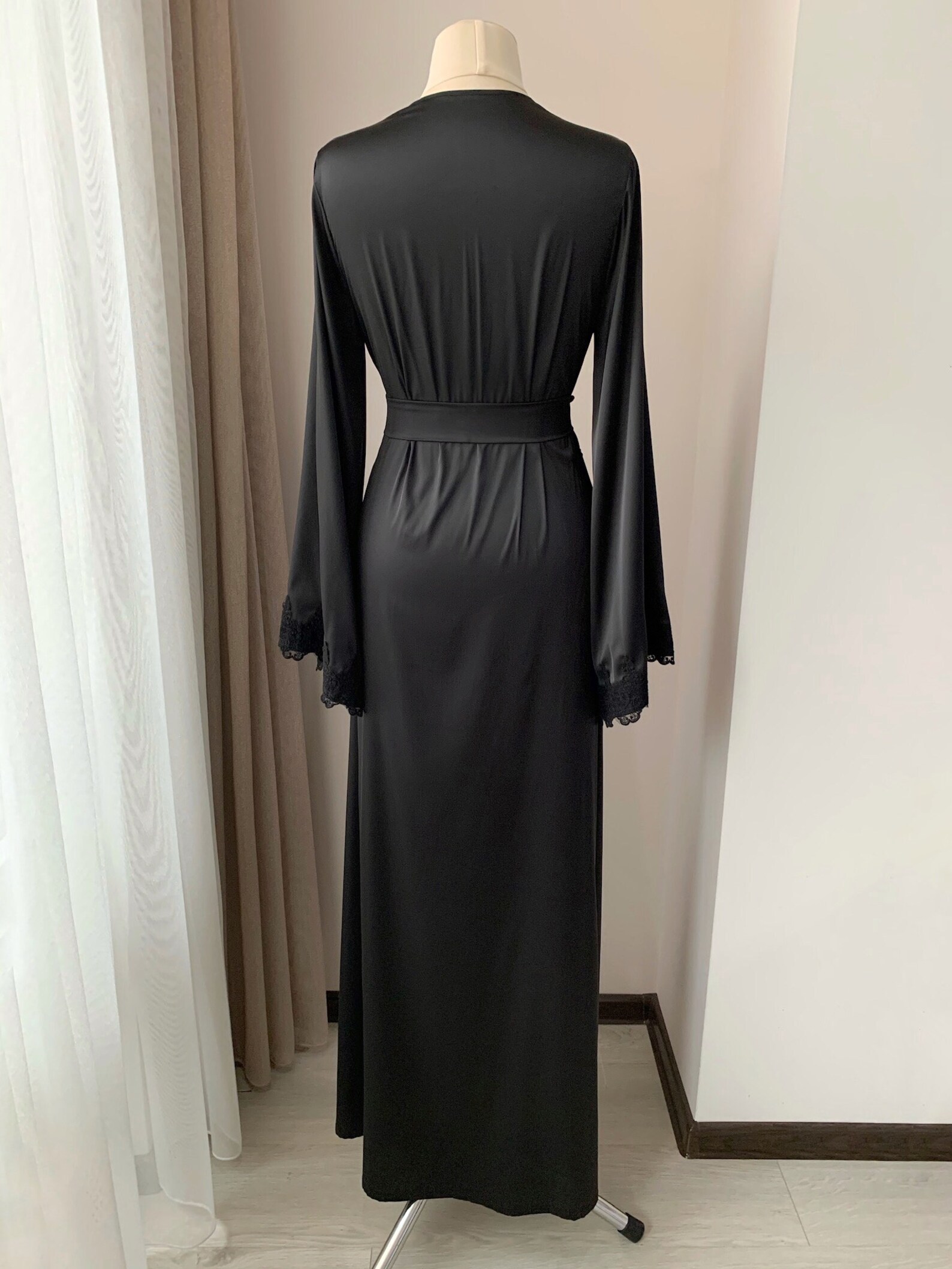 Long Robe Lace Maxi Bridal Robe Black Wedding Kimono Floor - Etsy