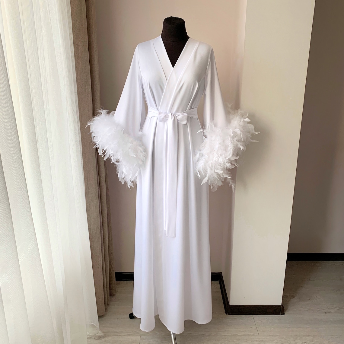 Feather Robe Long White Boudoir Robe Kimono Bridal Robe - Etsy