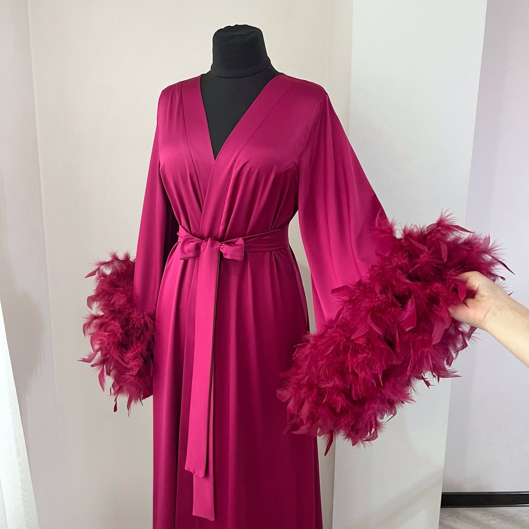 Long Feather Robe, Burgundy Bridal Robe, Robe With Feathers, Floor ...
