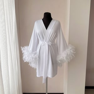 White Feather Robe, Bridal Robe With Feathers, Wedding Day, Bride Robe ...