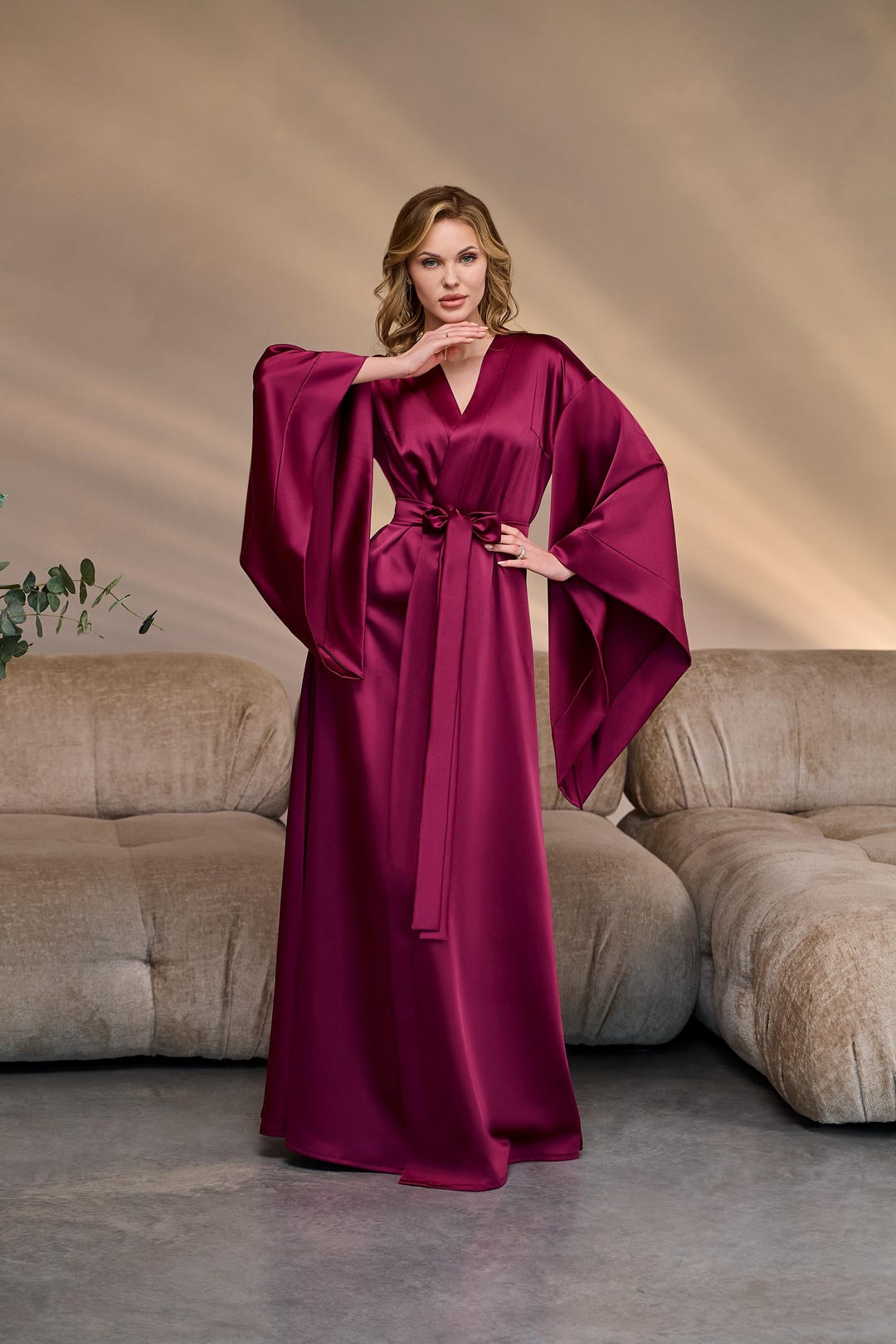 Purple Robe With Wide Sleeves, Floor Length Robe, Silk Kimono Robe ...