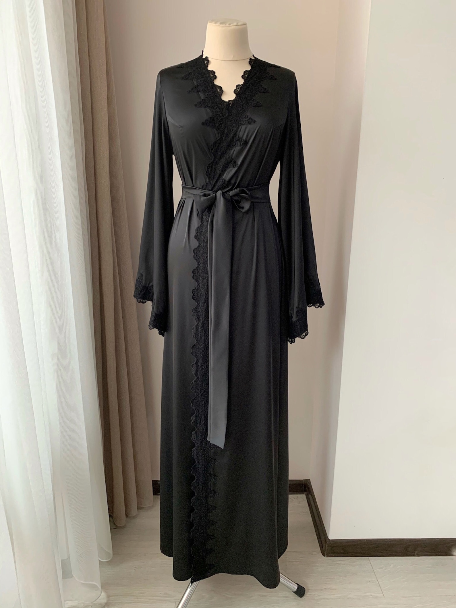 Long Robe Lace Maxi Bridal Robe Black Wedding Kimono Floor - Etsy