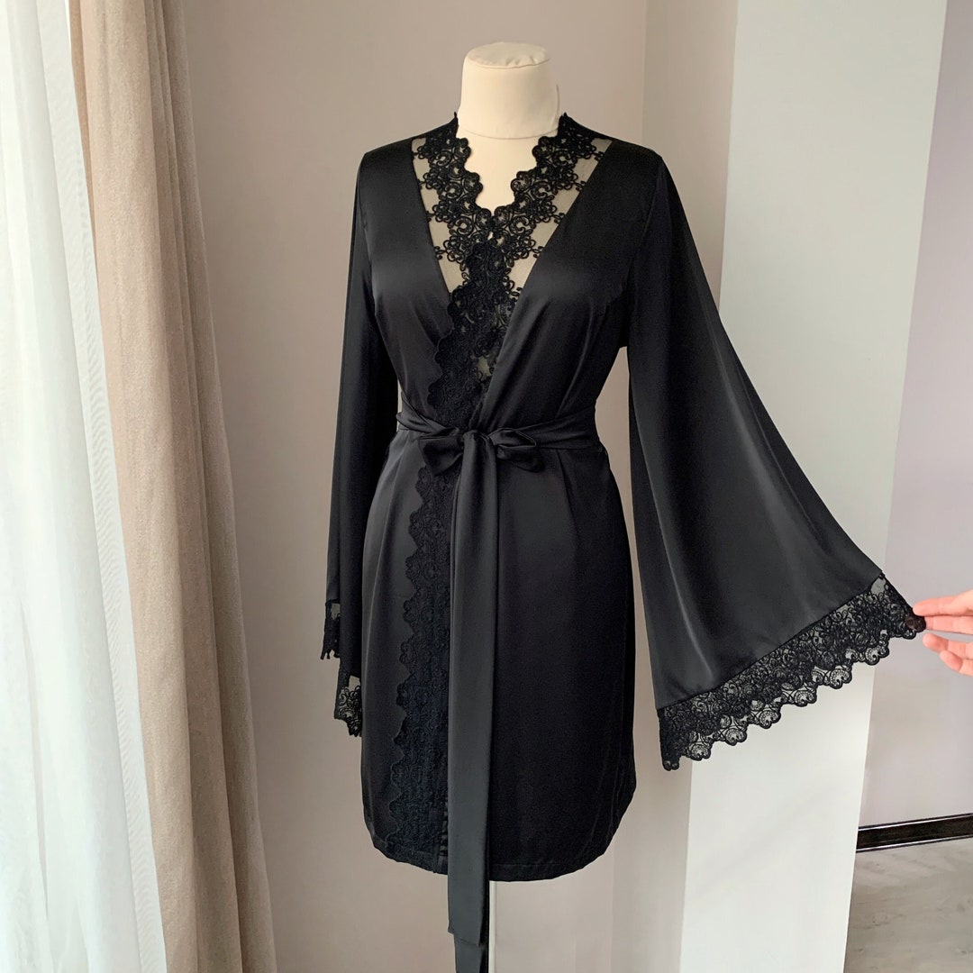 Wedding Robe, Black Lace Robe, Satin Dressing Gown, Black Bridal Robe ...