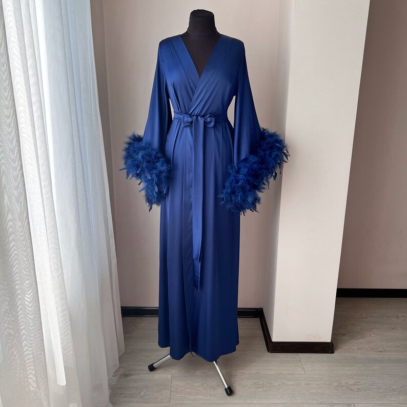 Blue Robe With Feathers, Long Bridal Robe, Feather Robe, Floor Length ...