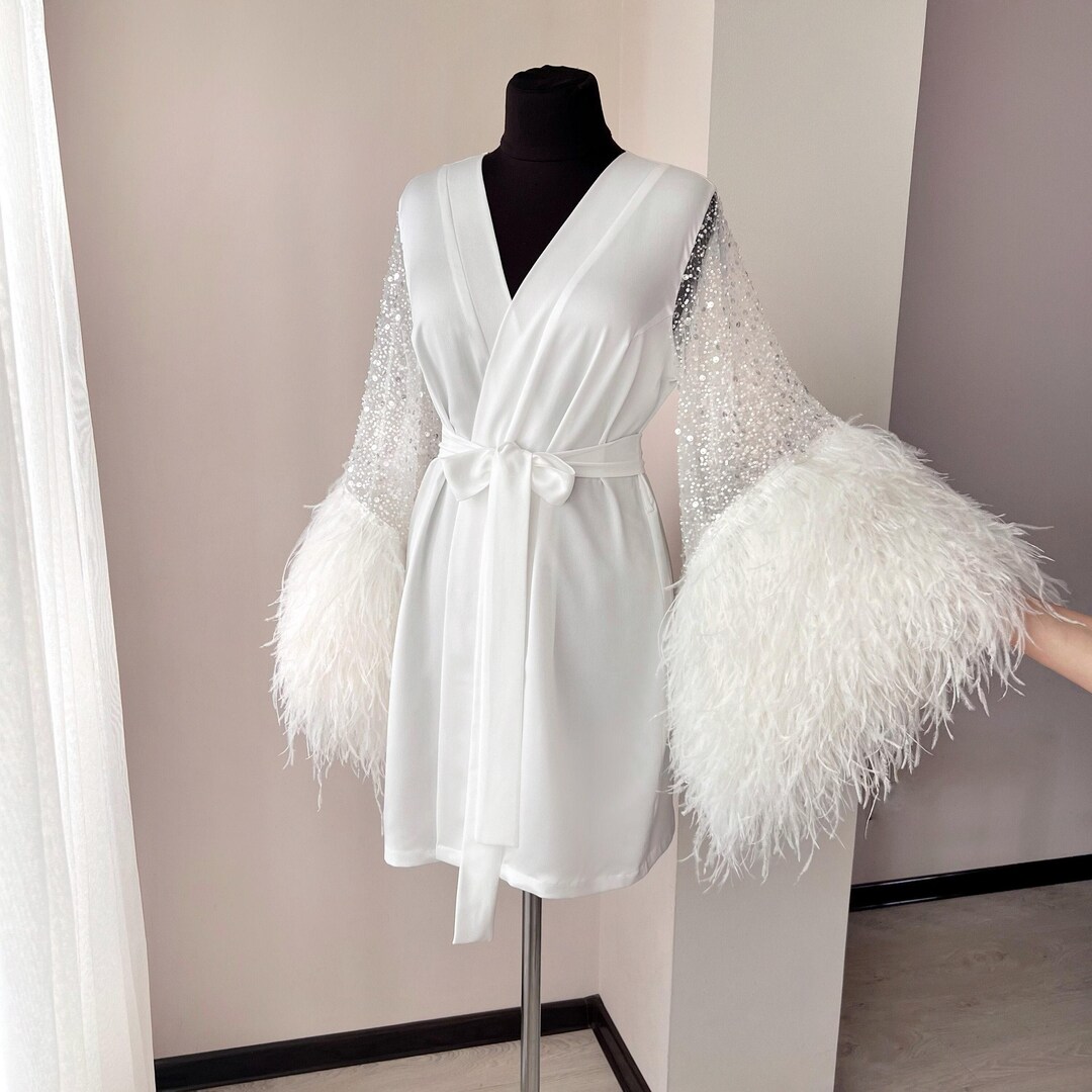 Luxury Bridal Robe, Feather Robe, Bride Robe Silk, Wedding Day, Boudoir ...