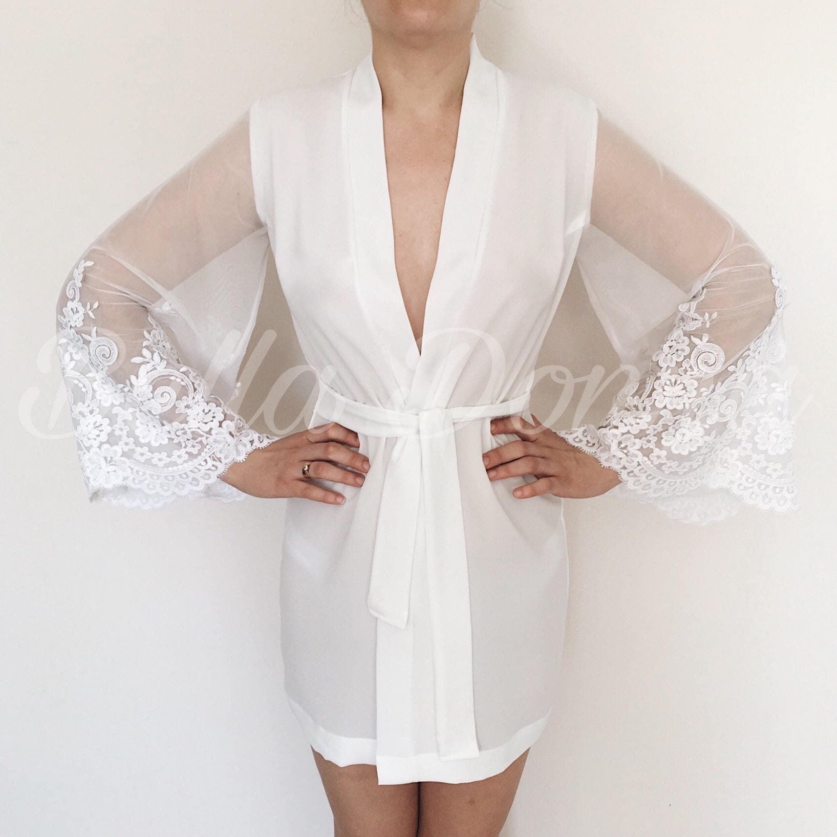 White Robe Lace Robe Kimono Robe Bridal Robe Lace Sleeve - Etsy