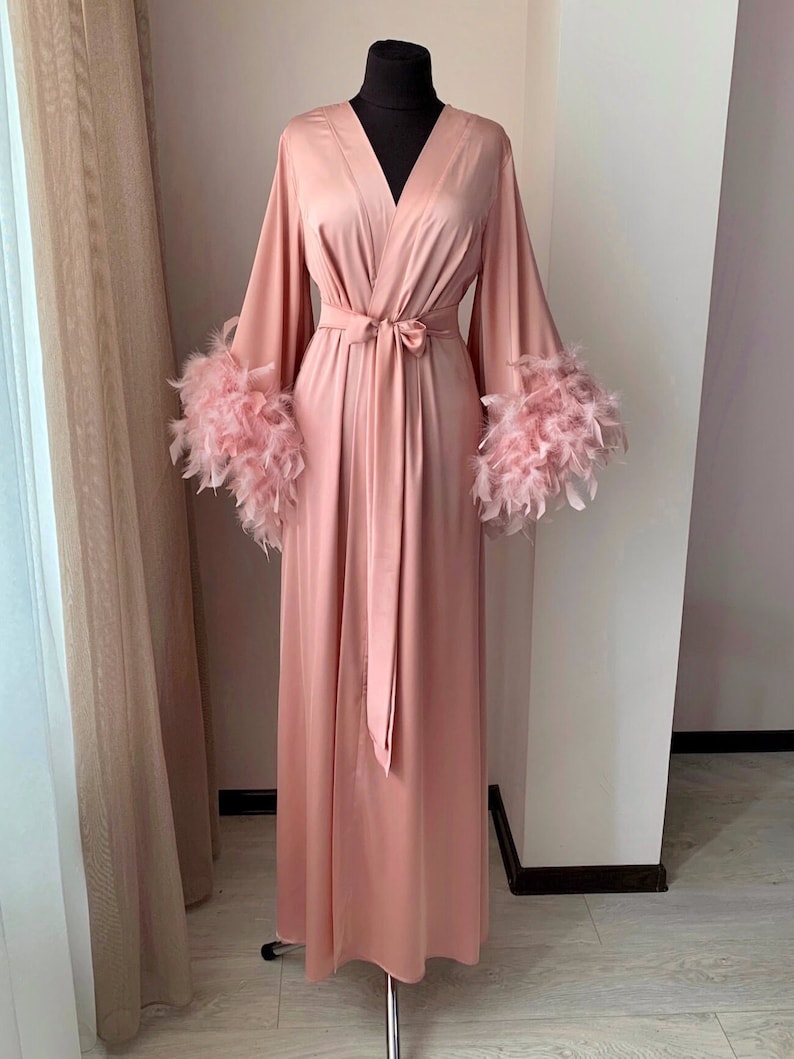 Feather Robe Bride Long Bridal Robe Blush Kimono Robe - Etsy