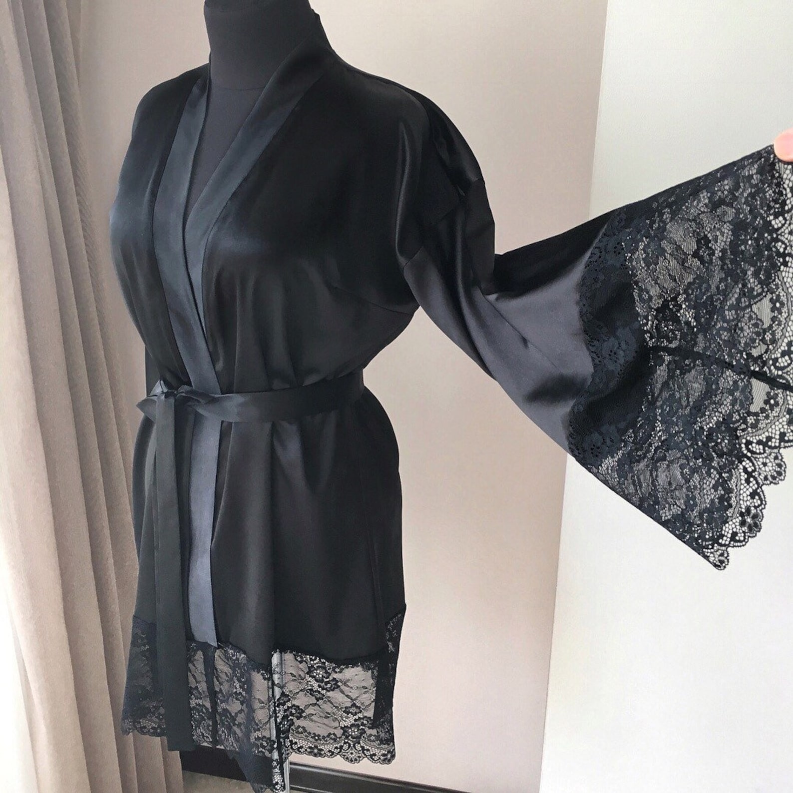 Black Kimono Robe, Black Lace Robe, Robe With Lace, Satin Silk Robe ...
