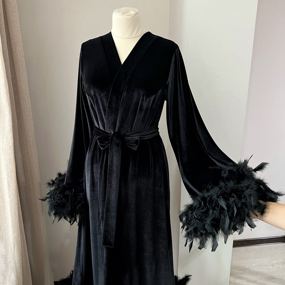 Velvet Robe With Feathers, Black Feather Robe, Velvet Dressing Gown ...