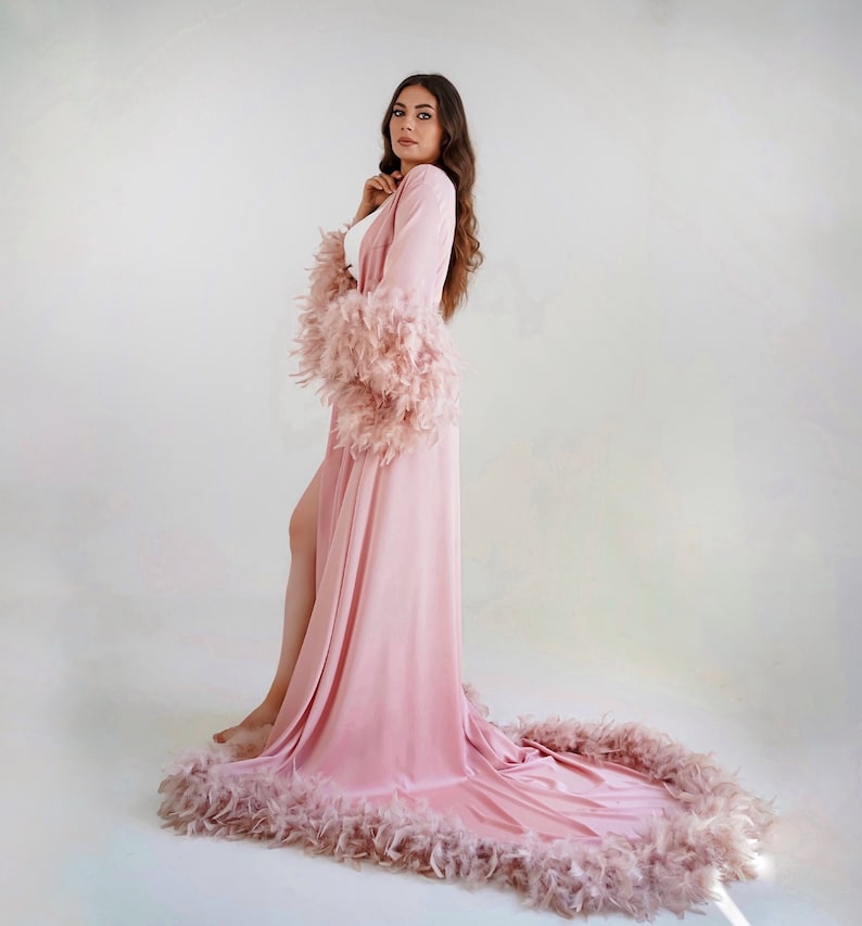 Long Feather Bridal Robe With Train, Luxury Boudoir Wedding Dressing ...