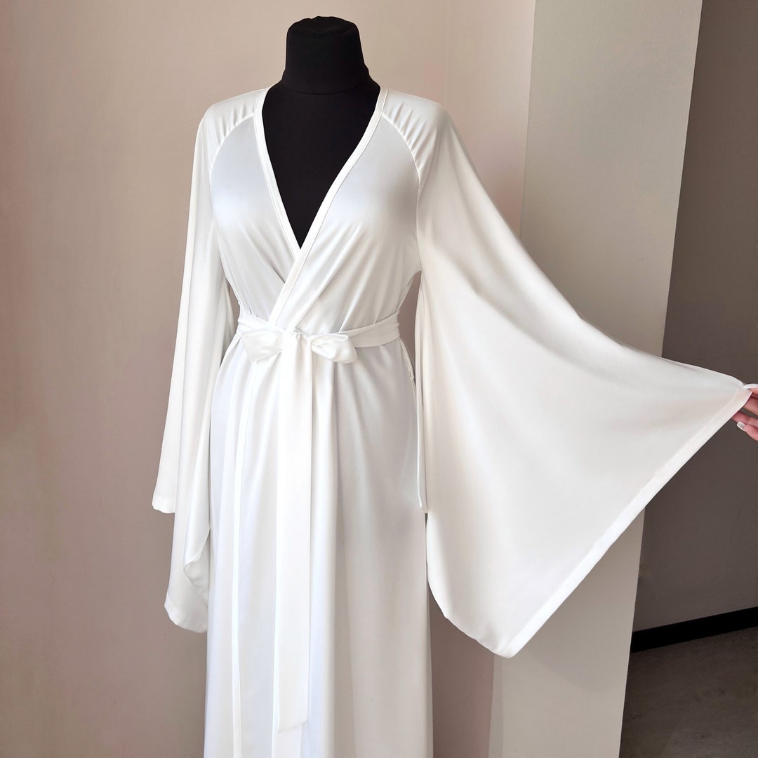 Bridal Robe Wide Raglan Sleeves Long White Robe Satin Silk Robe Long ...