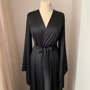 Black Bridal Robe, Long Kimono Robe, Floor Length Robe, Black Silk Robe ...