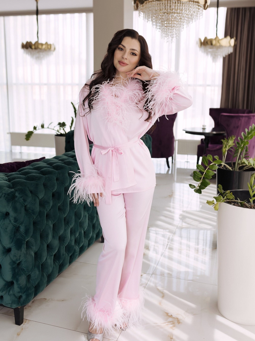 Pink Pajamas With Feathers, Ostrich Feather Pajama Set, Blush Pink ...