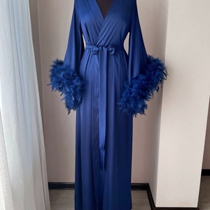 Feather Robe Bride, Long Bridal Robe, Blush Kimono Robe, Boudoir Robe ...