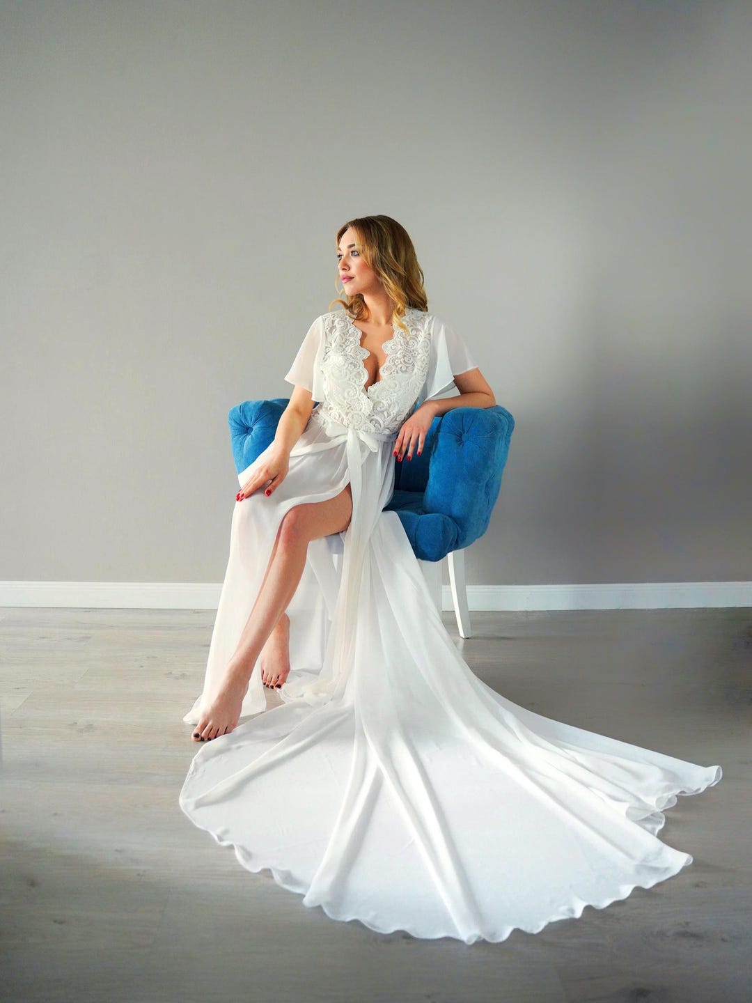 Bridal Robe Long Train, Robe Chiffon With Lace, Sheer Robe, Bride ...