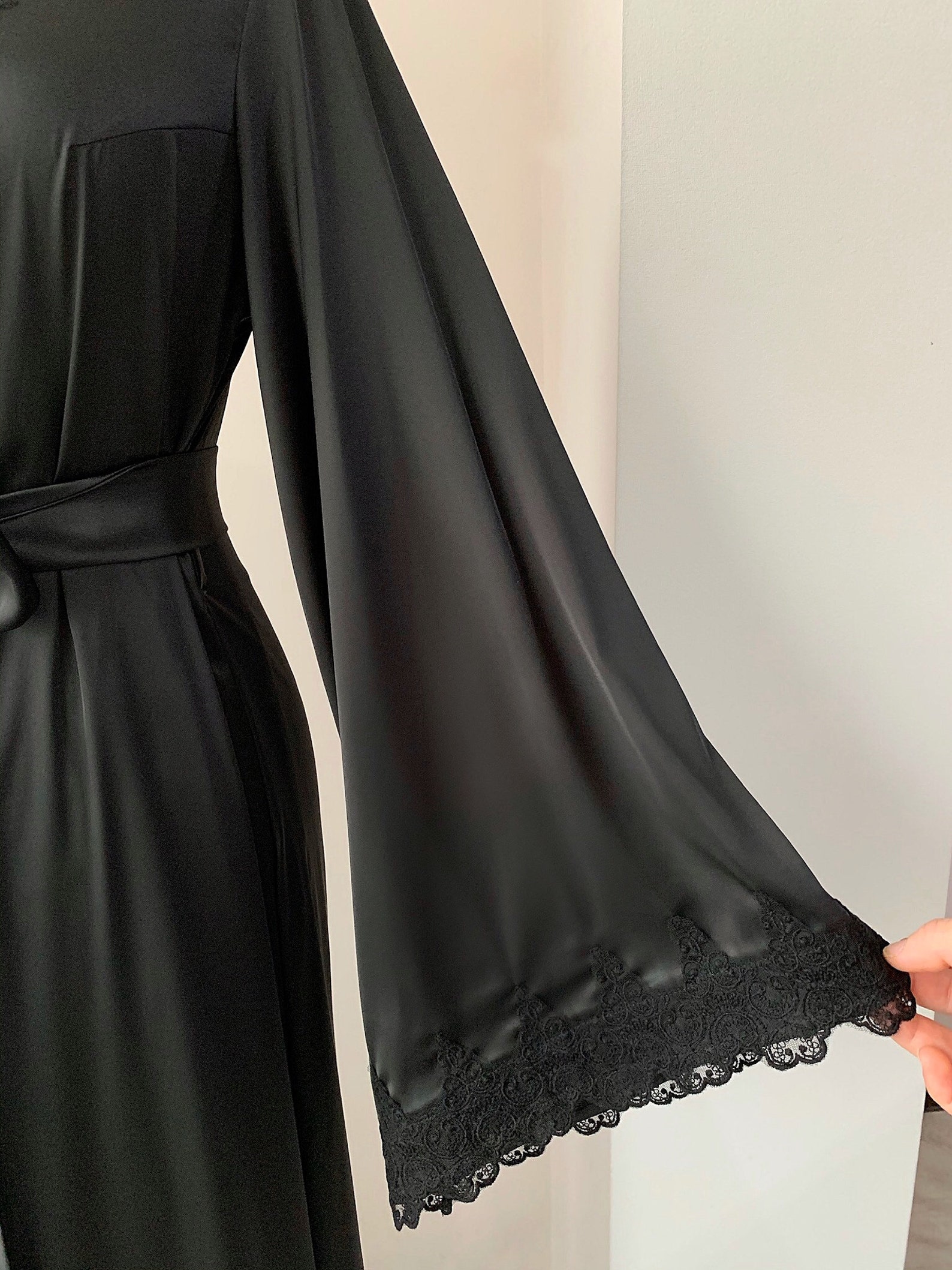Long Robe Lace Maxi Bridal Robe Black Wedding Kimono Floor - Etsy
