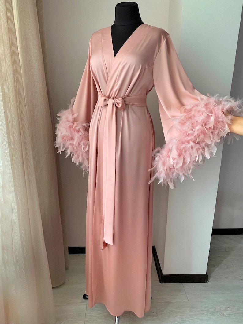 Feather Robe Bride Long Bridal Robe Blush Kimono Robe - Etsy