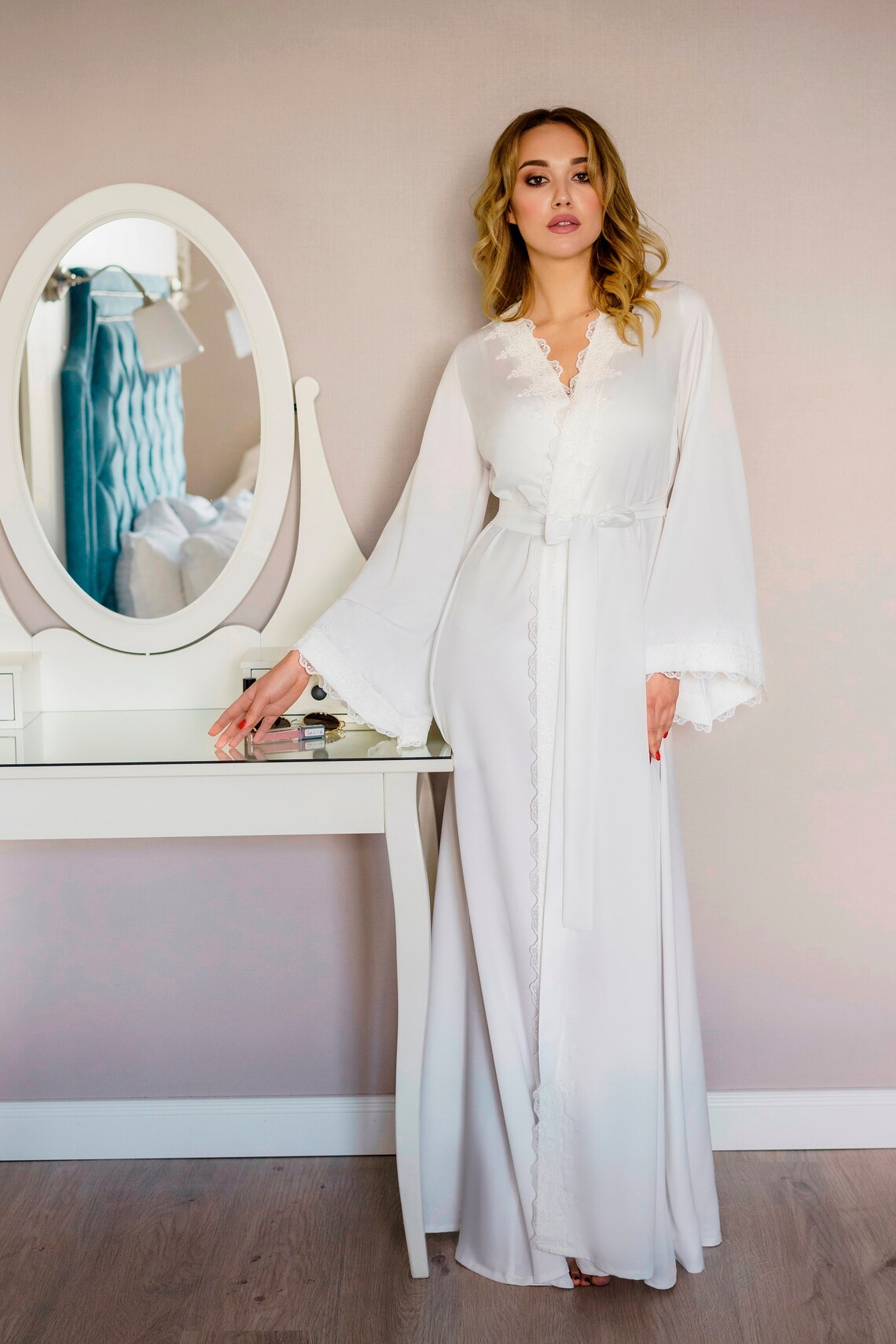 Long Bridal Robe With Lace Maxi Bridal Robe Wedding Kimono - Etsy